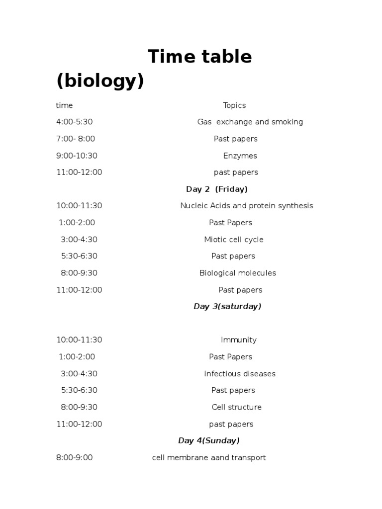 Biology Study Schedule: Topics & Past Papers | PDF
