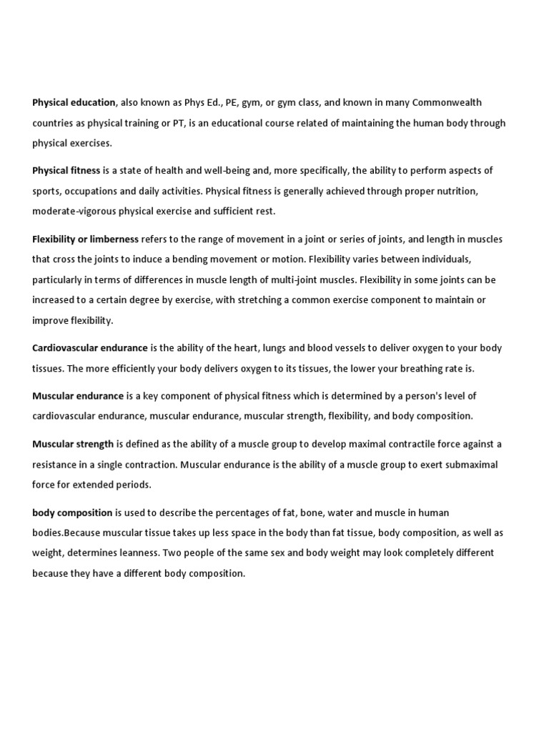 Physical Education | PDF | Flexibility (Anatomy) | Physical Fitness