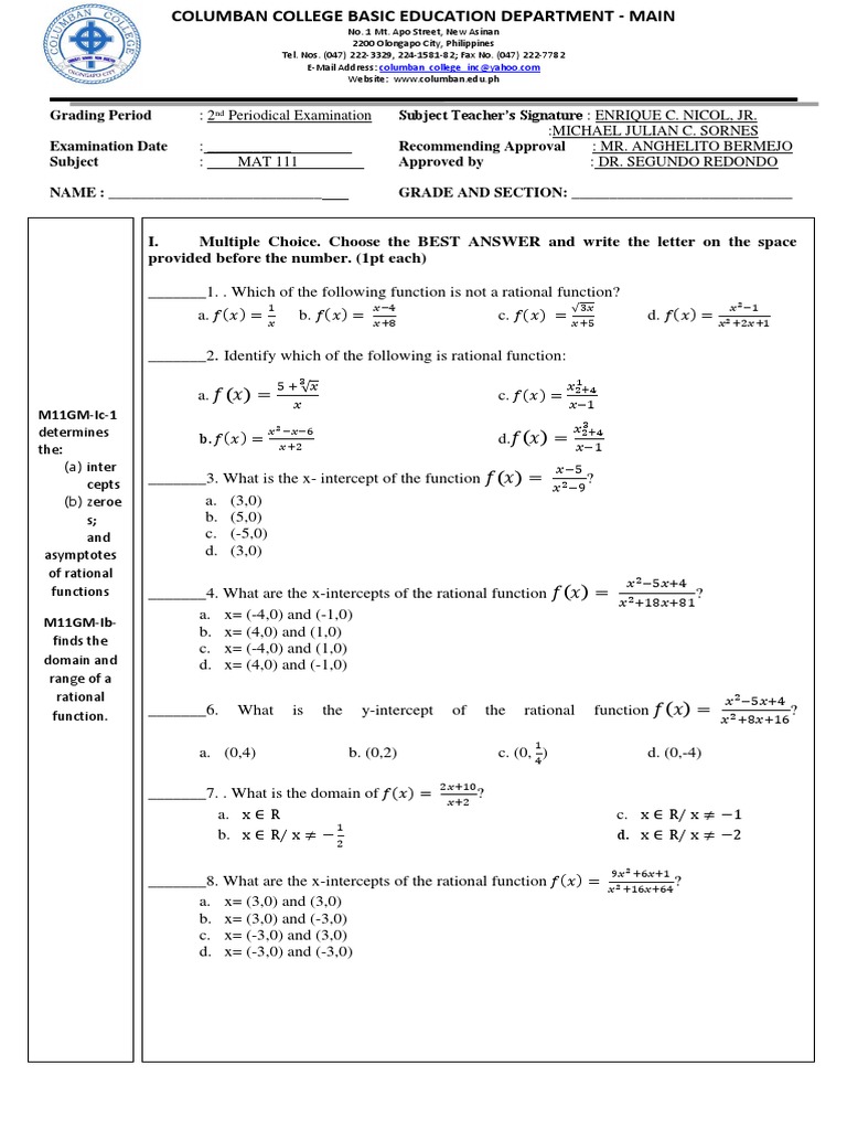 I. Multiple Choice. Choose The BEST ANSWER and Write The Letter On The Space Provided Before The ...