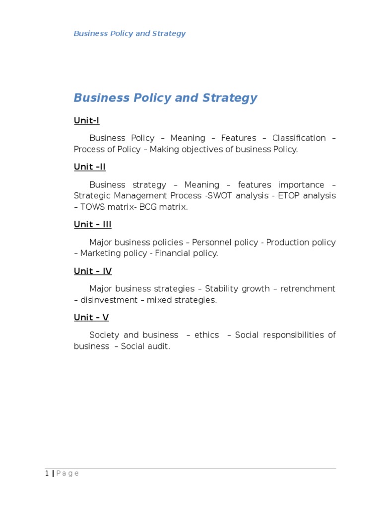 Business Policy and Strategy Bba Study Notes | PDF | Strategic ...