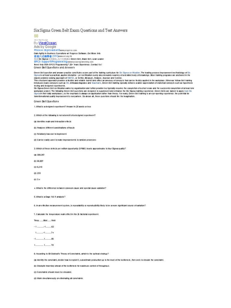 Six Sigma Green Belt Exam Questions and Test Answers | PDF | Six Sigma ...