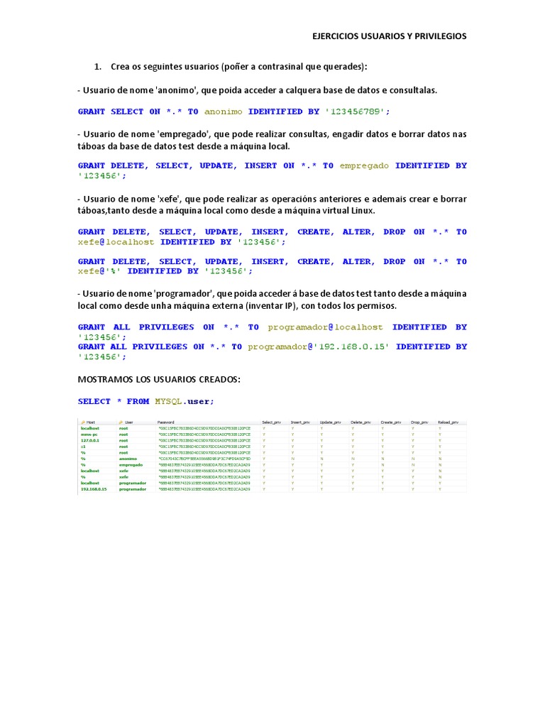 Ejercicios Usuarios BD | PDF