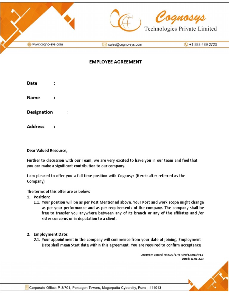 Employee Agreement - Offer Letter - V2.1 1 | PDF | Employment | Salary