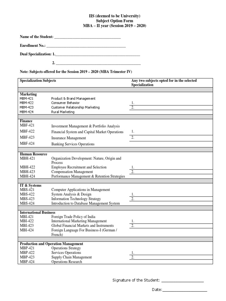 Option Form For MBA IV Trimester | PDF | Master Of Business ...