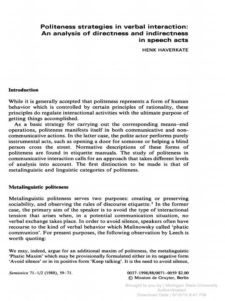 Politeness Strategies in Verbal Interaction: An Analysis of Directness ...