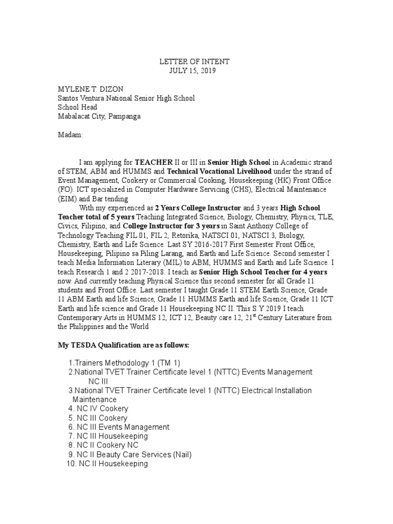 Roselyn Letter of Intent 2 | PDF | Vocational Education | Science