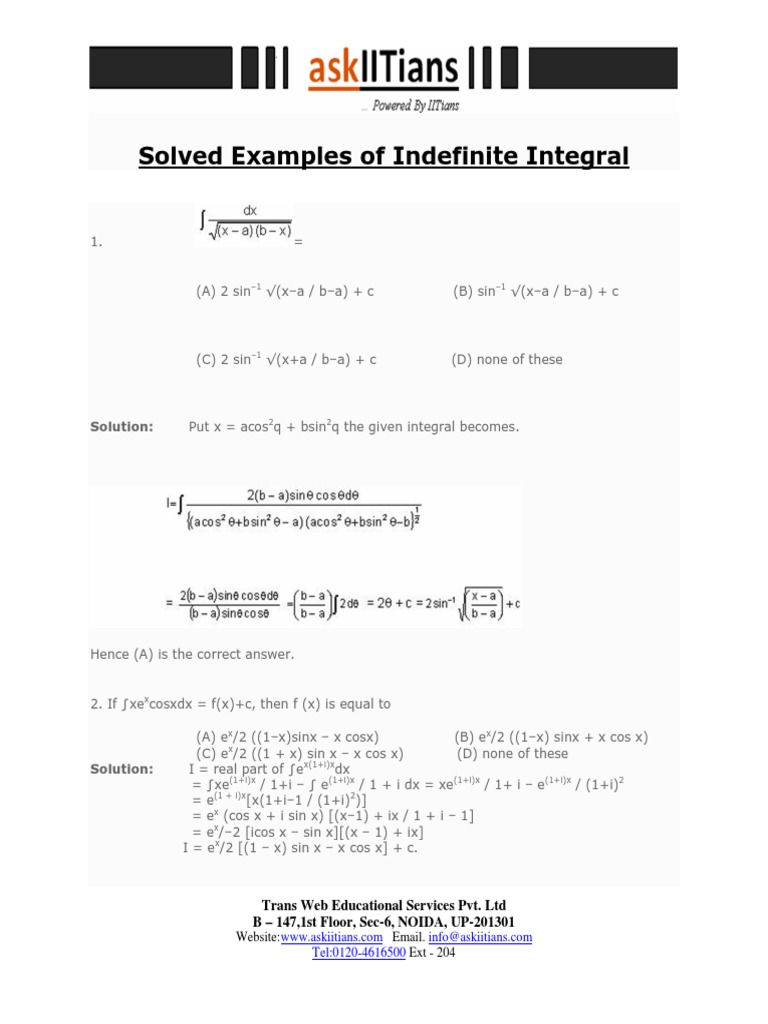 Solved Examples of Indefinite Integral PDF | PDF | Functions And Mappings | Mathematical Concepts