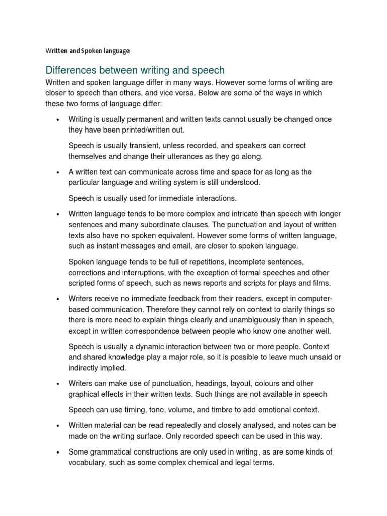 Differences Between Writing and Speech: Written and Spoken Language ...