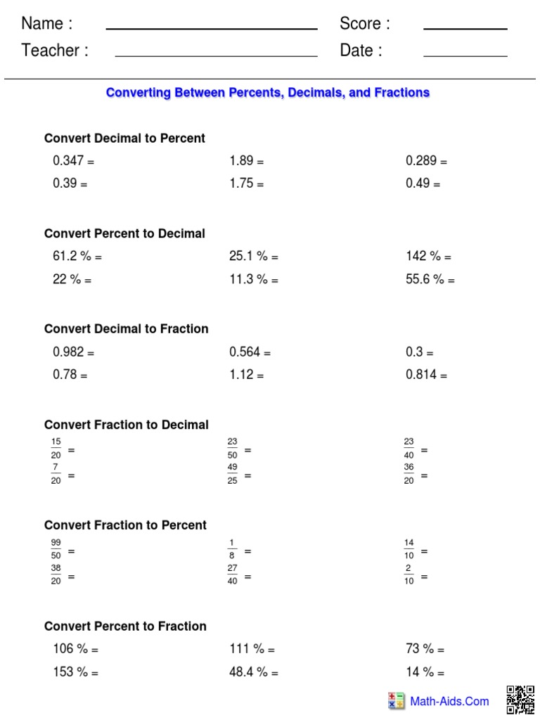 Percentage Conversion Worksheet PDF | PDF | Decimal | Fraction ...