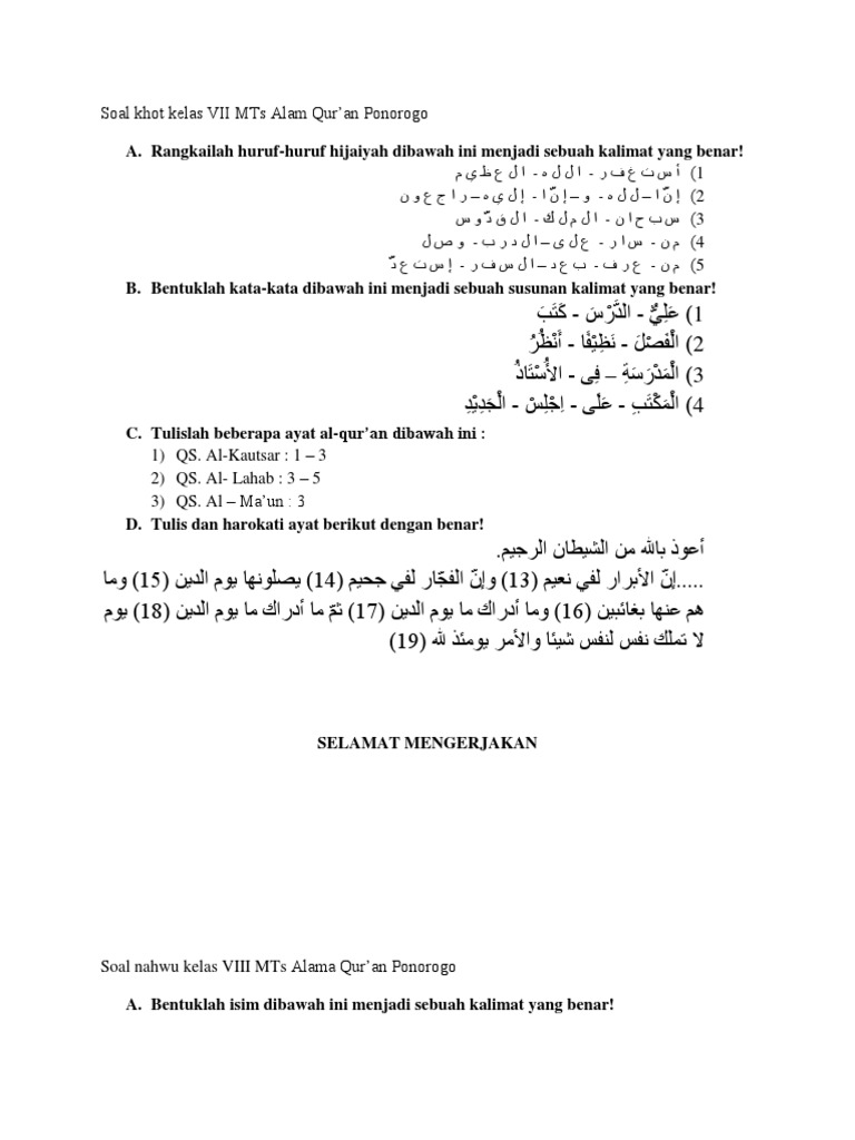 Soal Khot Kelas VII MTs Alam Qur | PDF