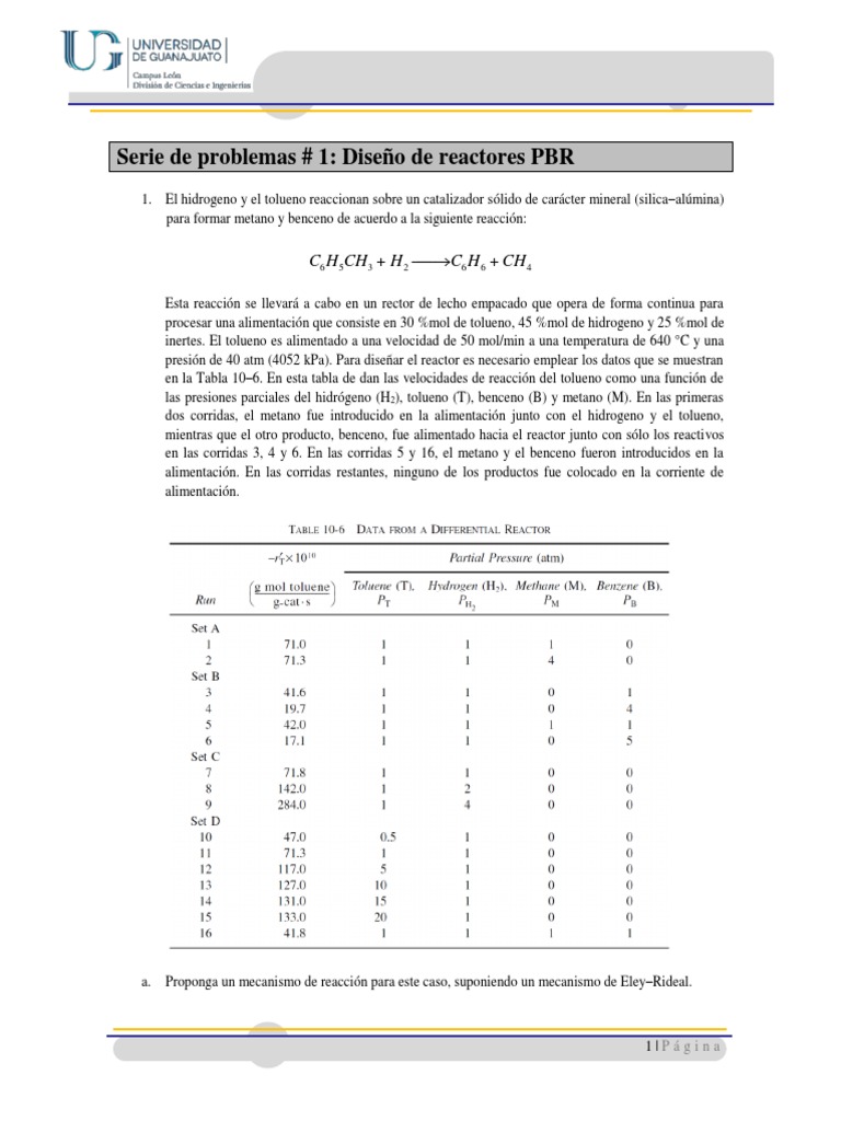 01 Serie de Problemas # 1 Diseño de Reactores PBR | PDF