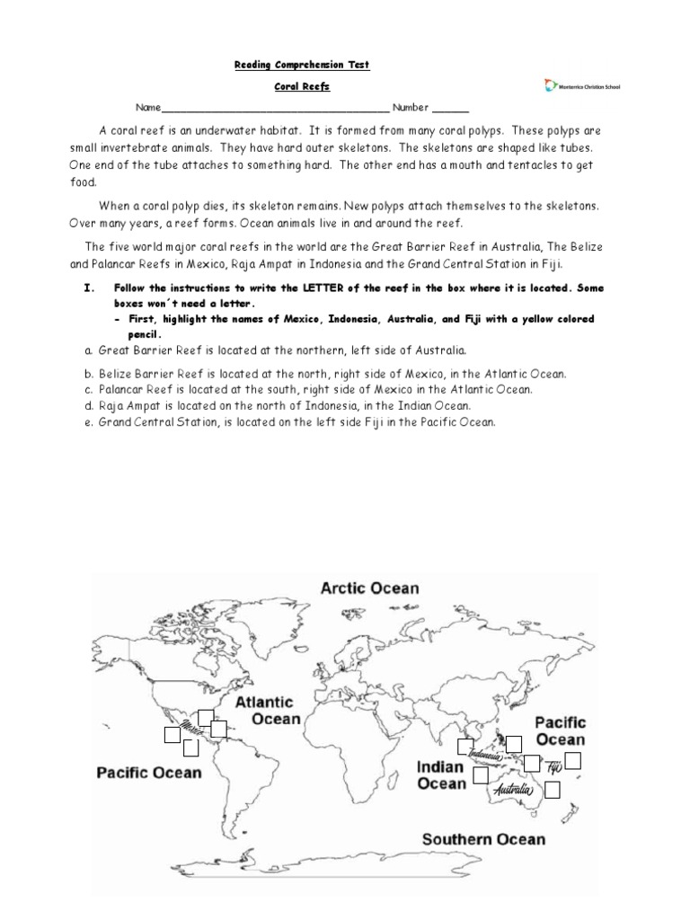 Reading Comprehension Test Coral Reefs | PDF | Coral Reef | Coral