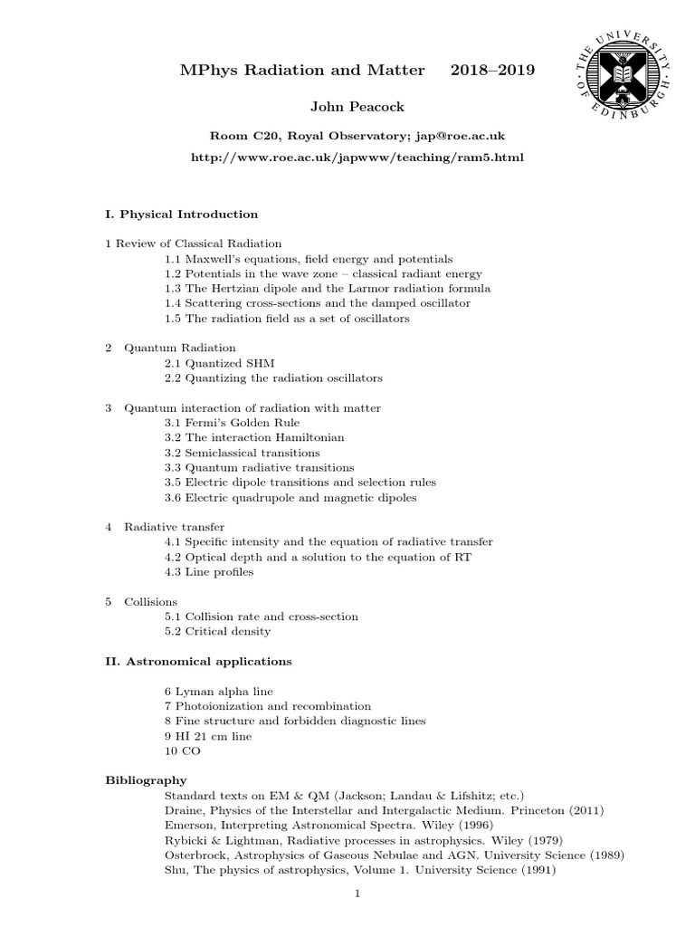 Mphys Radiation and Matter 2018-2019: John Peacock | PDF | Photon | Perturbation Theory (Quantum ...