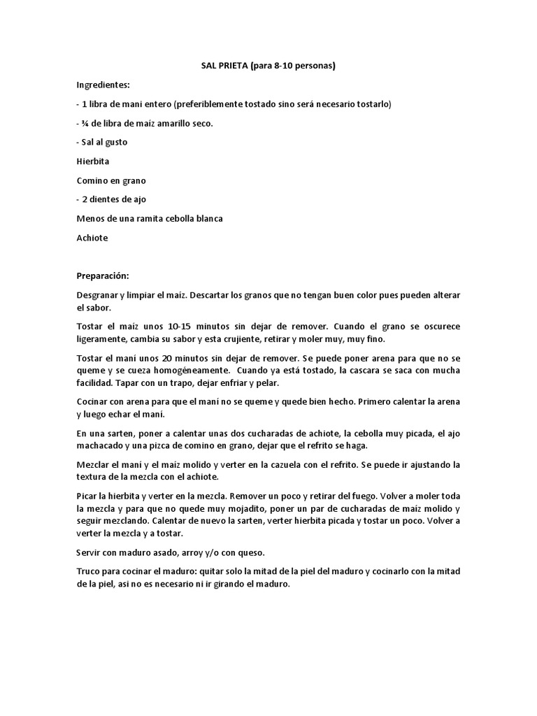 Como Preparar Sal Prieta Manabita | Descargar gratis PDF | Miseria | Maíz