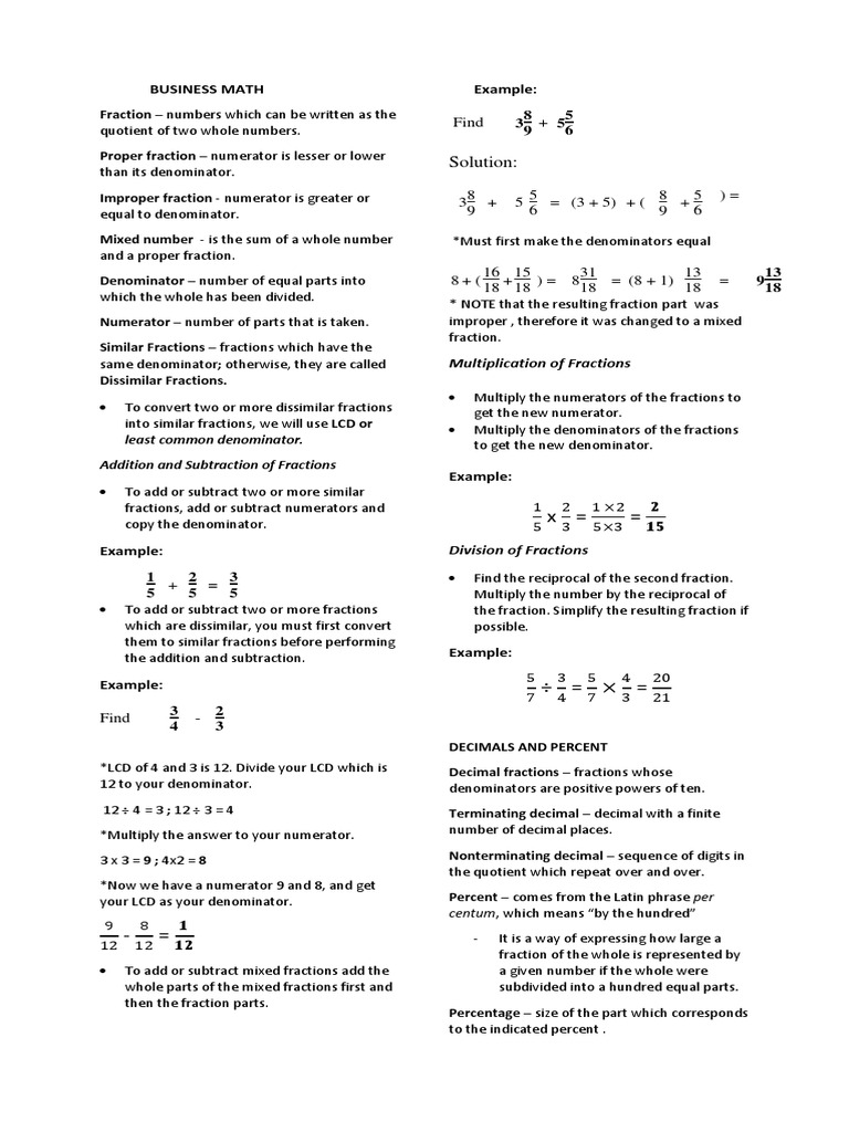 Find + 5: Business Math Example: 3 8 5 9 6 | PDF | Fraction ...