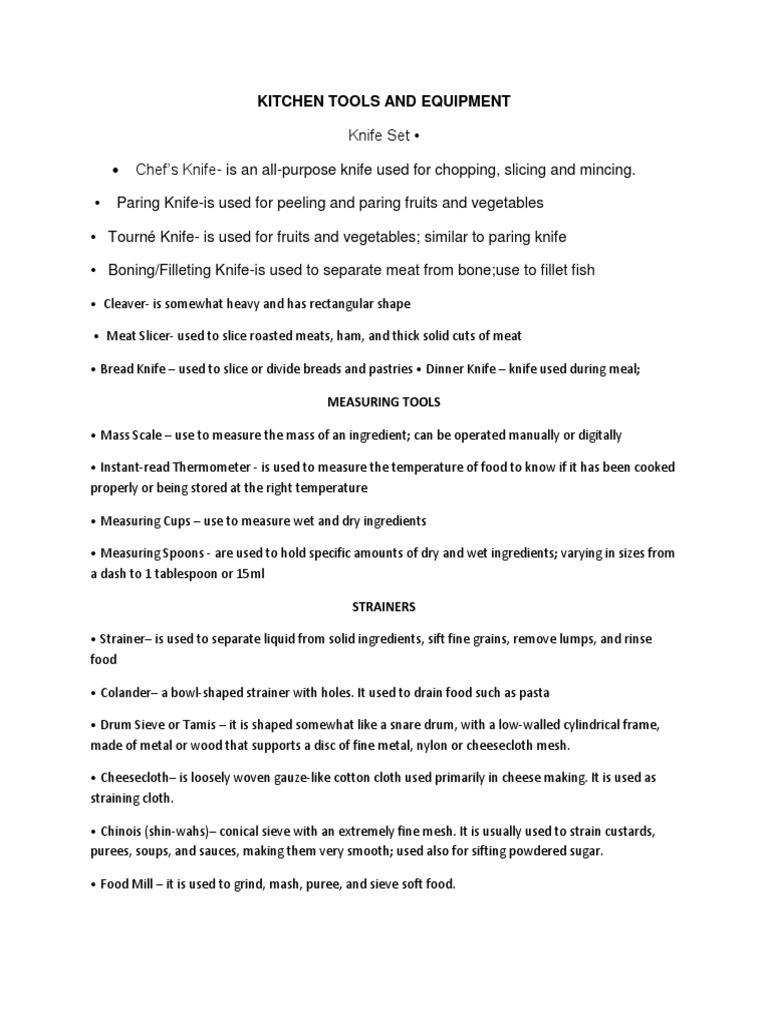 Kitchen Tools and Equipment | PDF | Cookware And Bakeware | Cooking