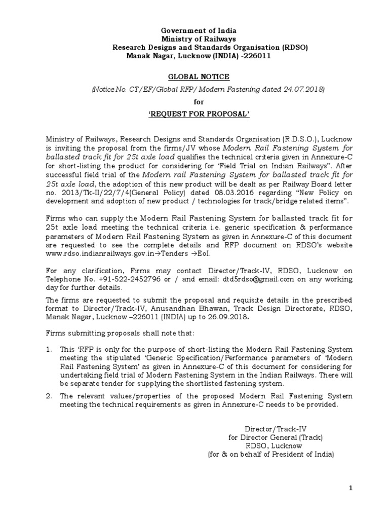 Global RFP Document For Modern Fastening | PDF | Track (Rail Transport ...
