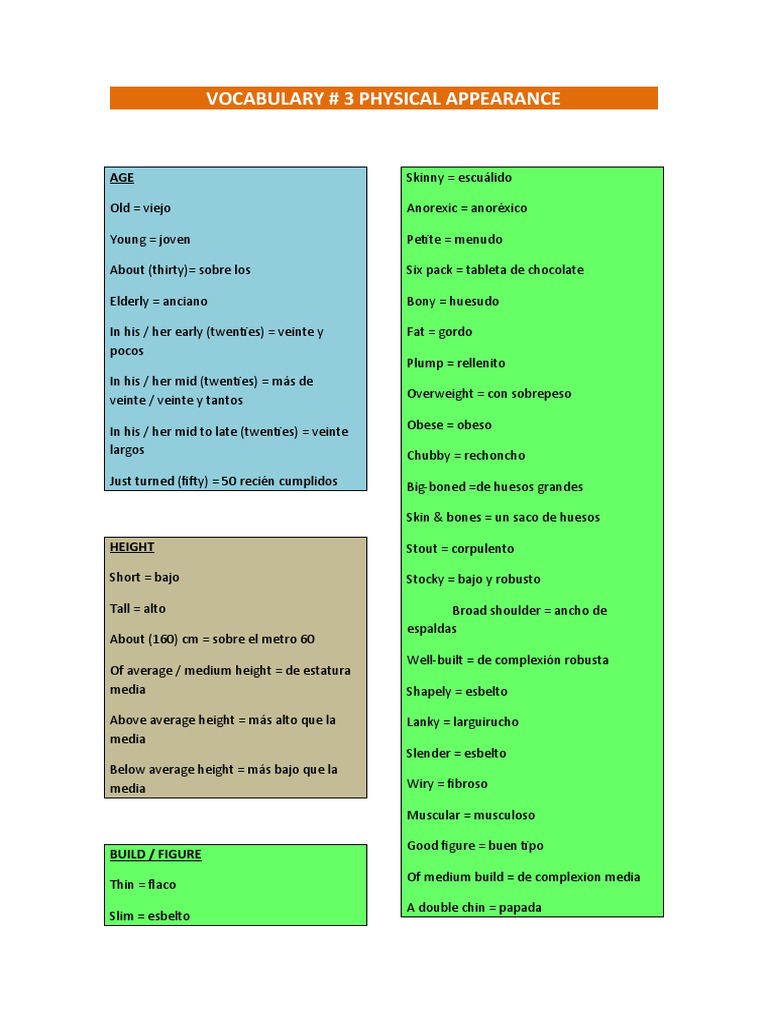 Vocabulary On Physical Appearance | PDF | Human Appearance | Human Body
