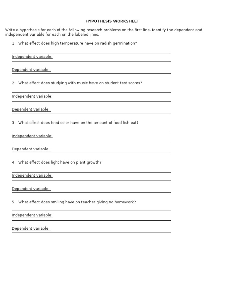 Hypothesis Worksheet Elementary