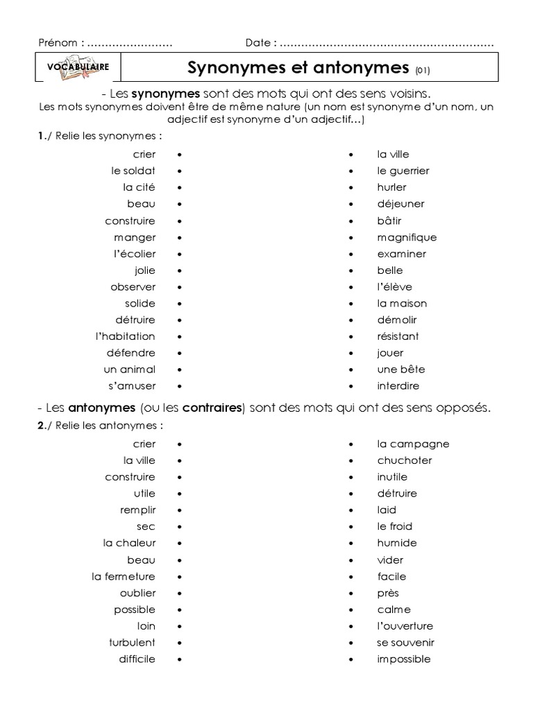 Exercices sur synonymes et antonymes | PDF