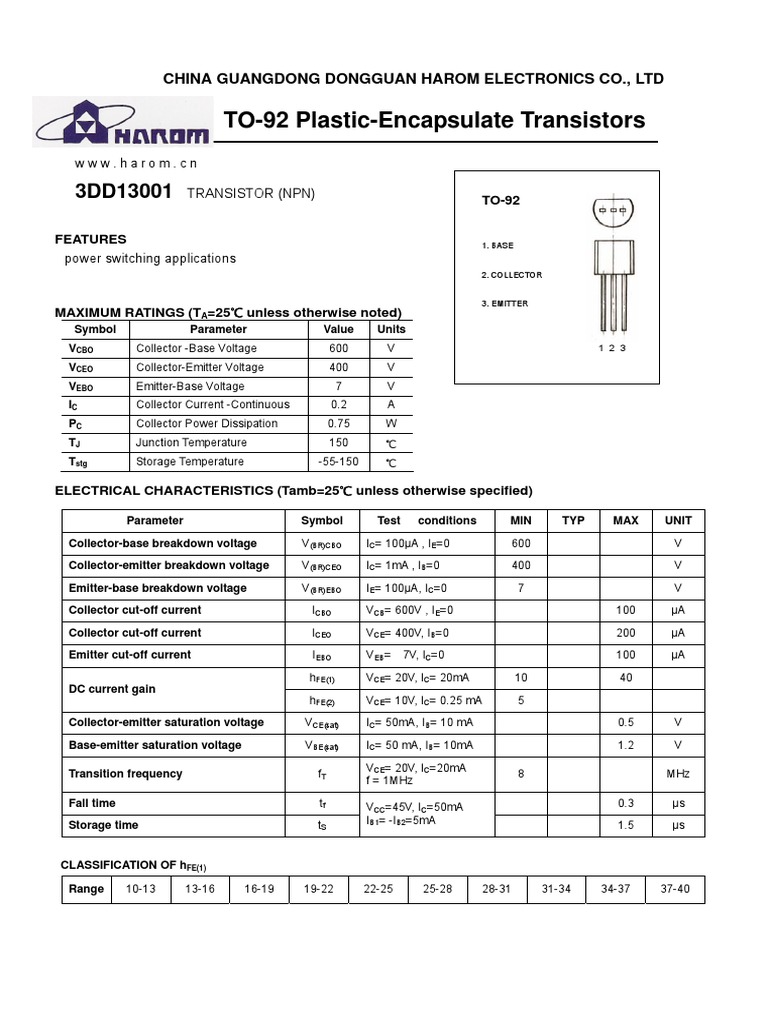 TO-92 Plastic-Encapsulate Transistors: China Guangdong Dongguan Harom Electronics Co., LTD | PDF ...