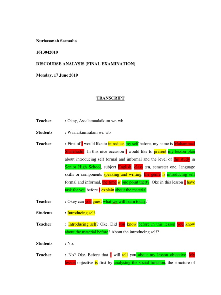 Discourse Analysis Final Exam Sas | PDF | Adjective | Grammar