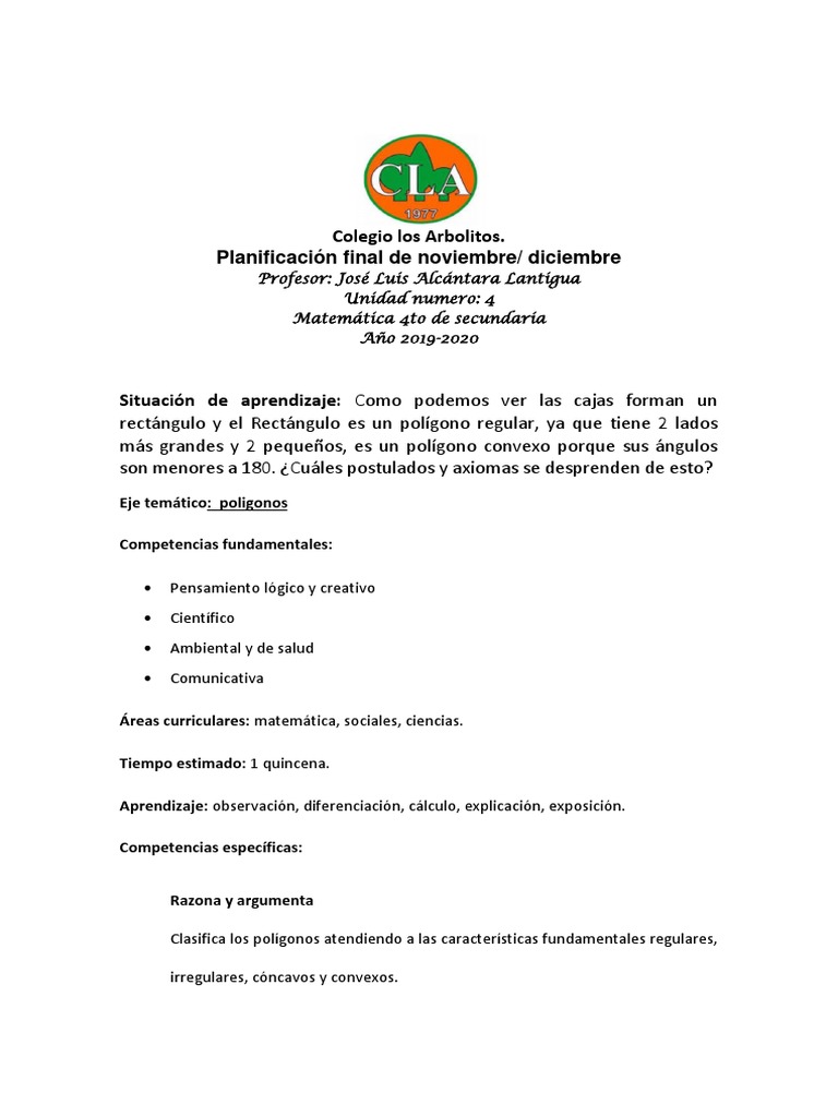 4ta Planificacion de 4to de Secundaria 2019-20 | PDF | Rectángulo ...