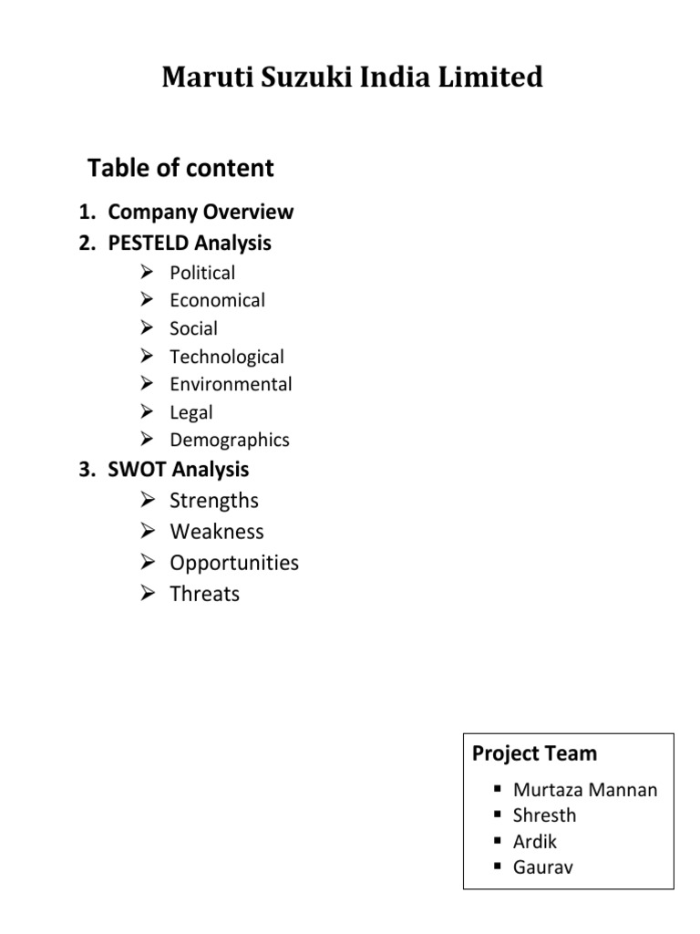 Maruti Suzuki SWOT and PESTELD Analysis | PDF | Car | Economies