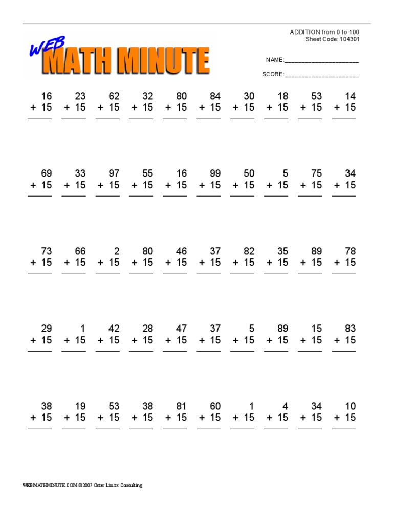 Web Math Minute Add 15 | PDF | Sports