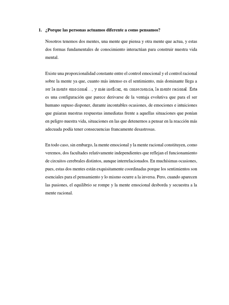 Las Personas Actuamos Diferente A Como Pensamos | PDF
