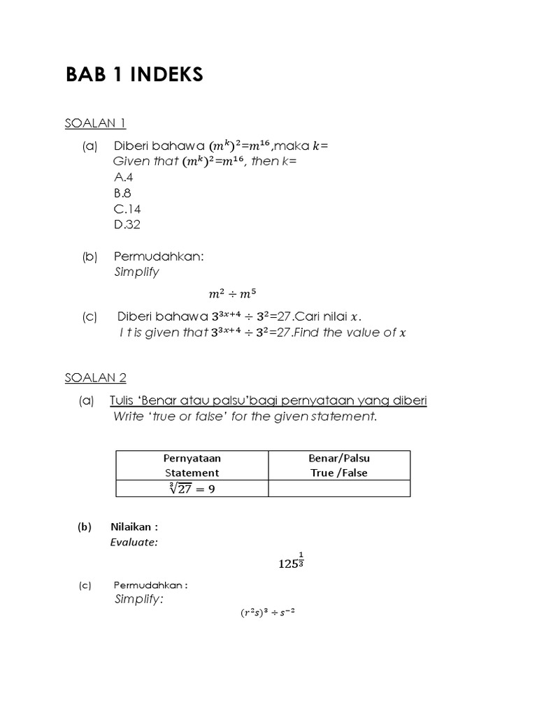 Matematik Tingkatan 3 Bab1 Indeks | PDF