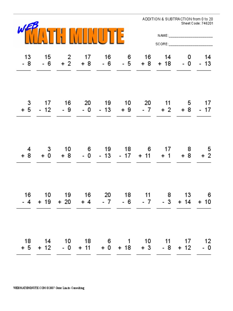 Web Math Minute AddSub 0-20 | PDF