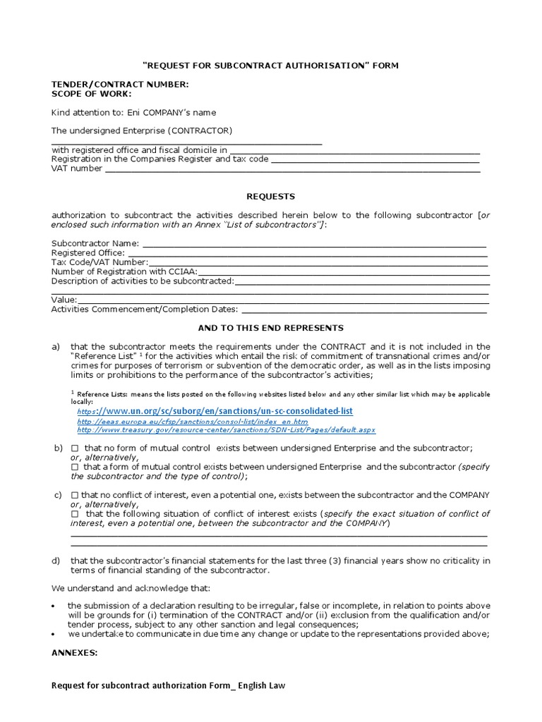 Subcontract Authorization Request Form | PDF | Occupational Safety And ...