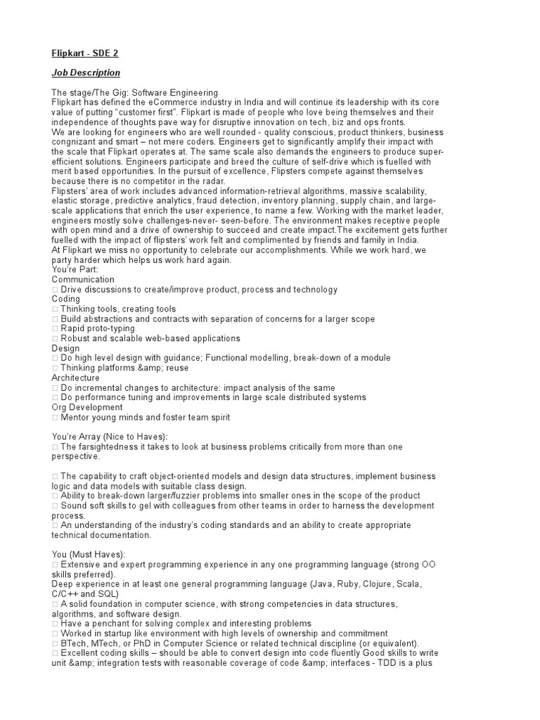Flipkart SDE 2 JD | PDF | Scalability | Computer Programming