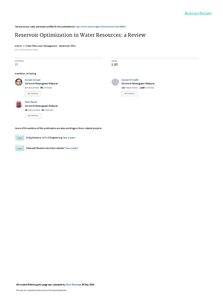 Reservoir Optimization in Water Resources: A Review | PDF ...