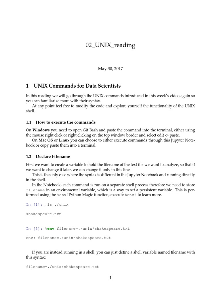 02 - UNIX - Reading: 1 UNIX Commands For Data Scientists | PDF ...