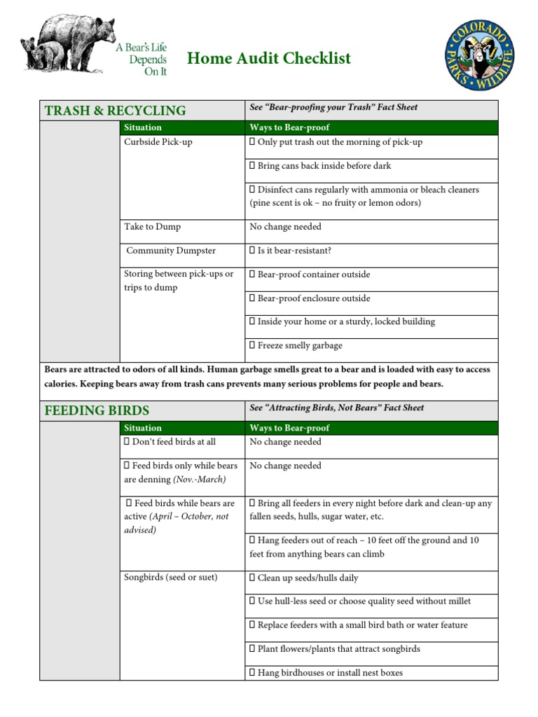 Be Bear Aware: Home Audit Checklist | PDF | Door | Window