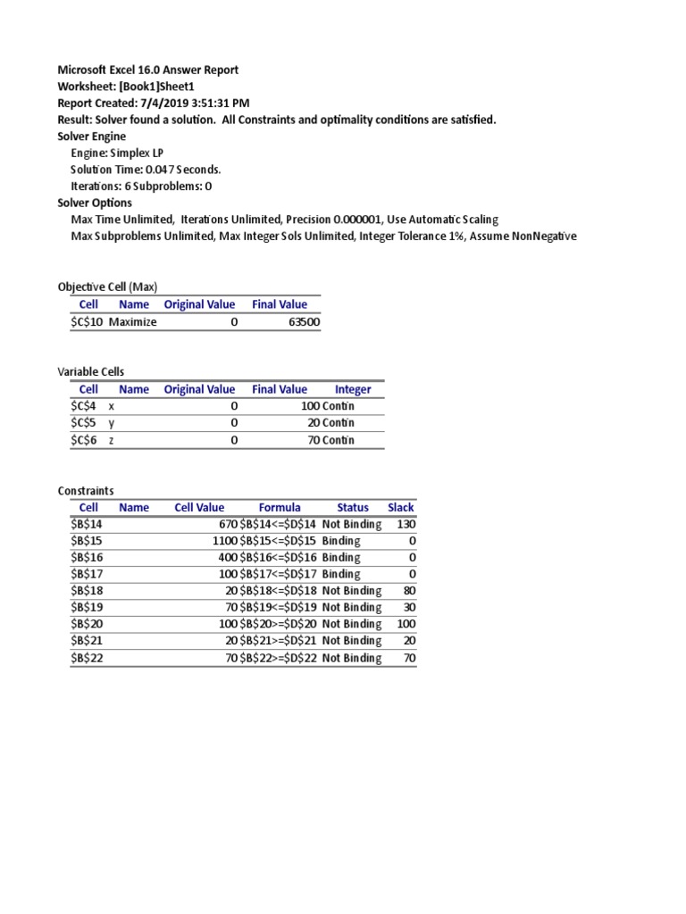 Excel Solver Report with Optimal Solution | PDF