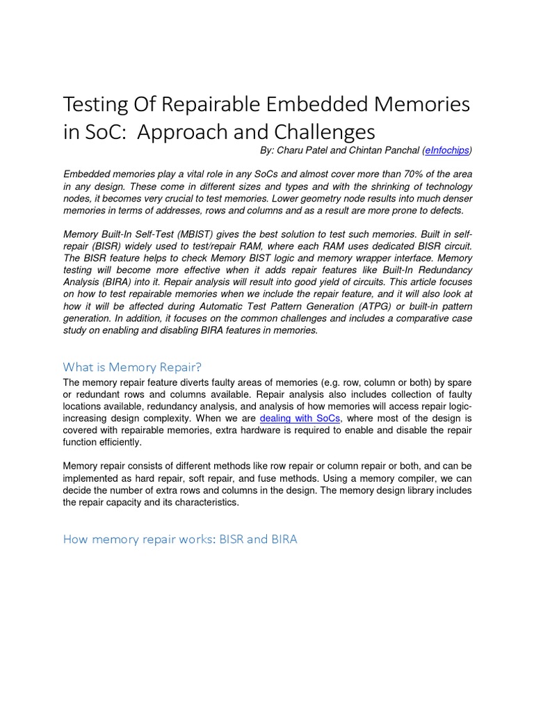 Testing of Repairable Embedded Memories in SoC Approach and Challenges ...