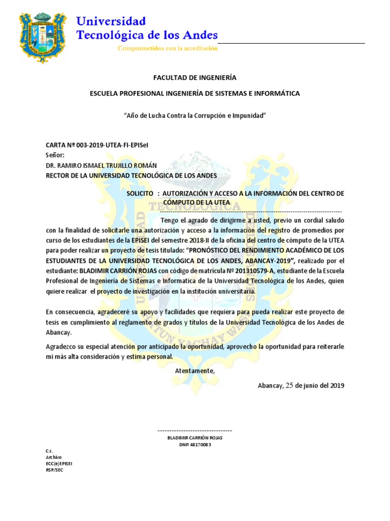 Carta de Presentacion para El Rector de La Utea para La Autorizacion y Acceso de Informacion Del ...