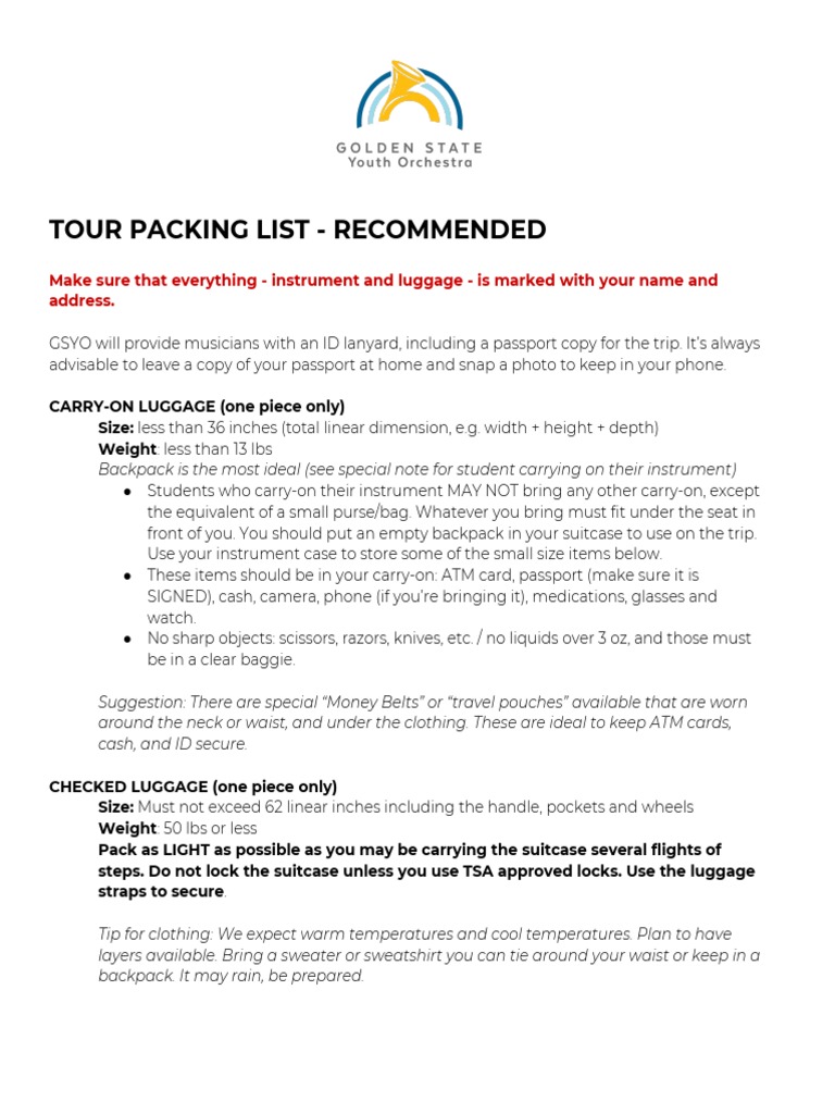 Tour Packing List | PDF | Sweater | Backpack
