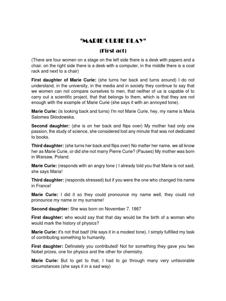 "Marie Curie Play": (First Act) | PDF | Marie Curie | Scientist