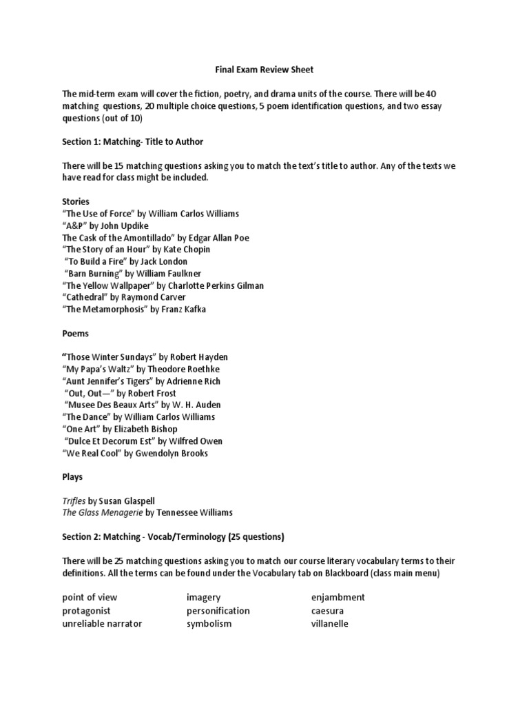 Final Review Sheet | Download Free PDF | Essays | Poetry