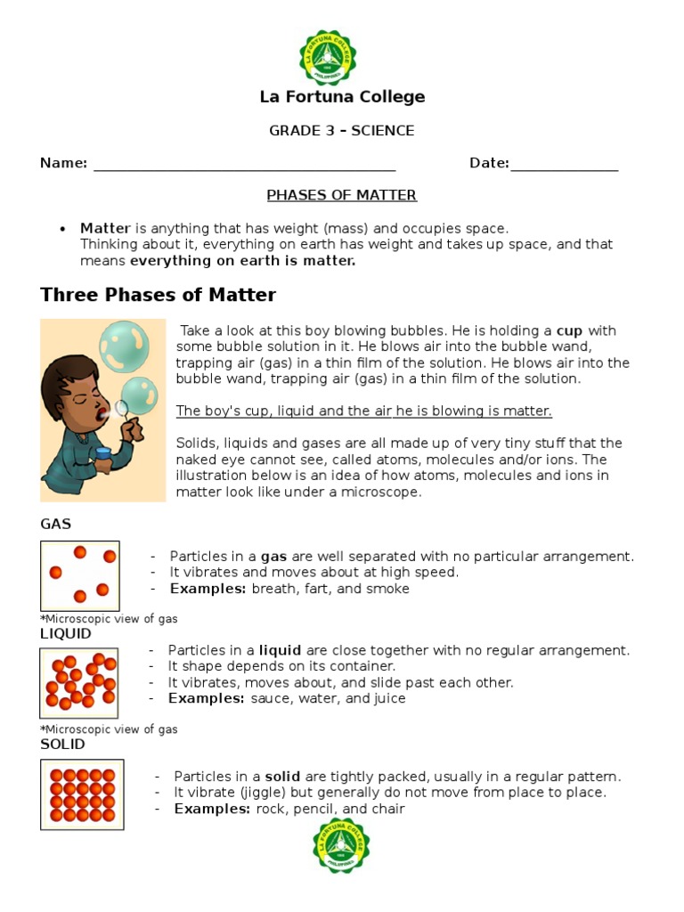 Three Phases of Matter: La Fortuna College | PDF | Gases | Matter