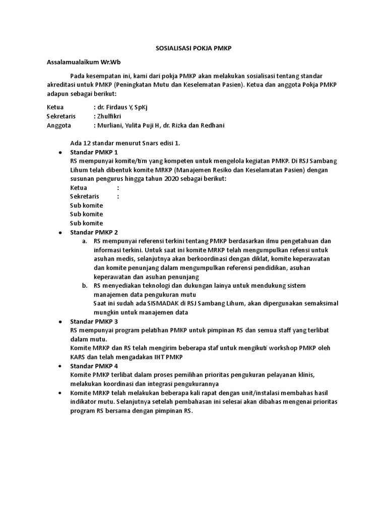 Sosialisasi Pokja PMKP | PDF