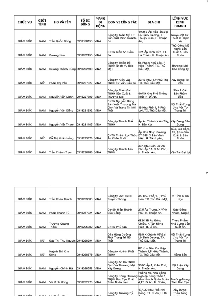 Bản Sao Của Data Khach Hang Mien Phi Binh Duong 001. 1500 Giam Doc Binh Duong | PDF