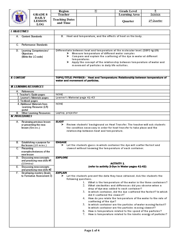Grade 8 Daily Lesson LOG Region Grade Level Teacher Learning Area ...