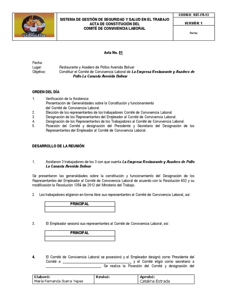 SST-FR-13 Acta de Constitucion de COCOLAB | PDF | Gobierno | Labor