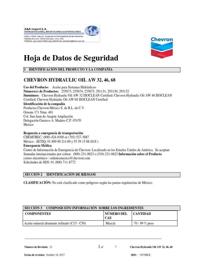 Sds - Chevron Hydraulic Oil Aw 68 | PDF | Solubilidad | Toxicidad