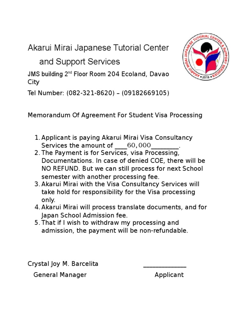 MOA (For Student Visa Processing) | PDF